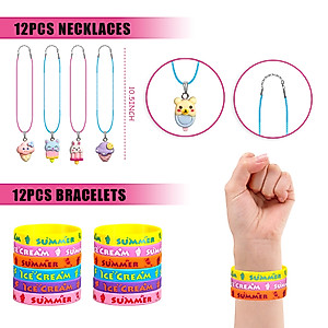 110 PCS Ice Cream Party Favors Cute Ice Cream Necklace Goodie Bags with Keychains, Stickers, Rubber Bracelets, Button Pins and Bags for Summer Themed Birthday Party Baby Shower