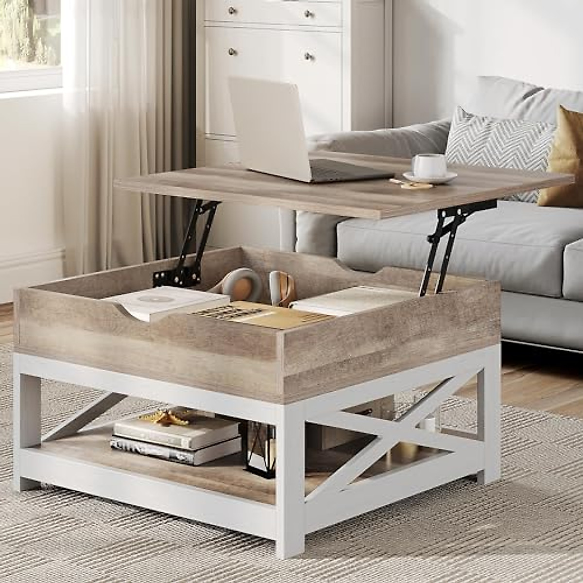 YITAHOME Lift Top Coffee Table, Square Farmhouse Coffee Table, Coffee Table with Double Storage, Rustic Wood Center Table for Living Room,Grey Wash