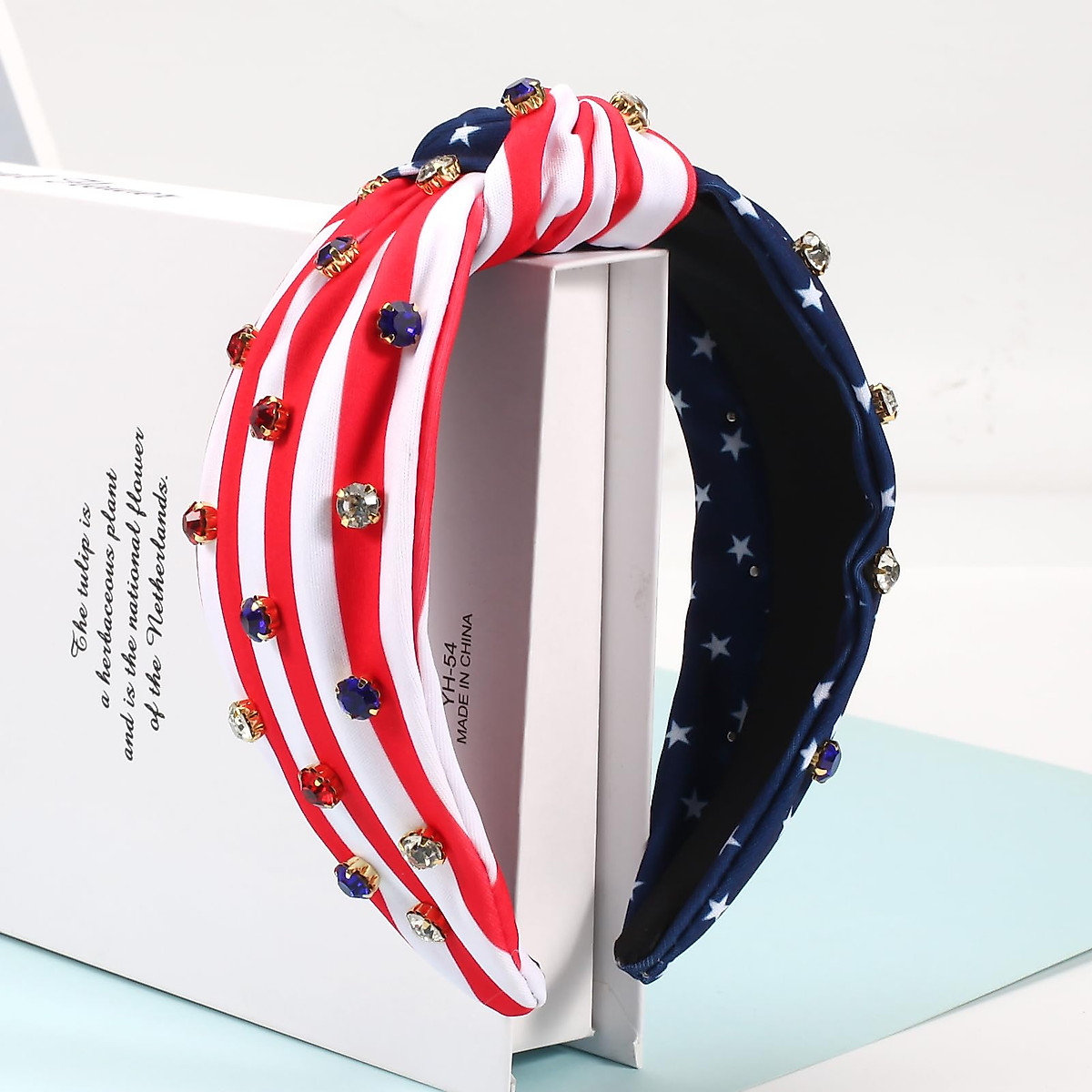 Budsmile American Flag Headbands for Women Girls Independence Day 4th of July Red White Blue Patriotic Headband USA Knotted Wide Rhinestone Hair Accessories Hair Hoops