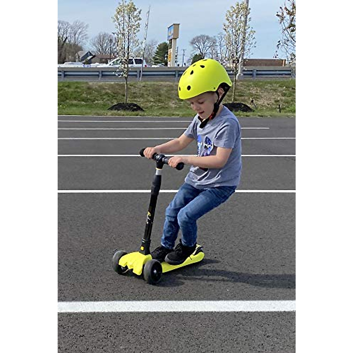 Bee Free 3 Wheel Kick Scooter for Toddlers and Kids, Adjustable Handlebars, Light Up LED Wheels, Foldable, Rear Foot Brake, Wide Stable Deck, Boys and Girls Ages 2-5, Up to 100 LBS, Yellow