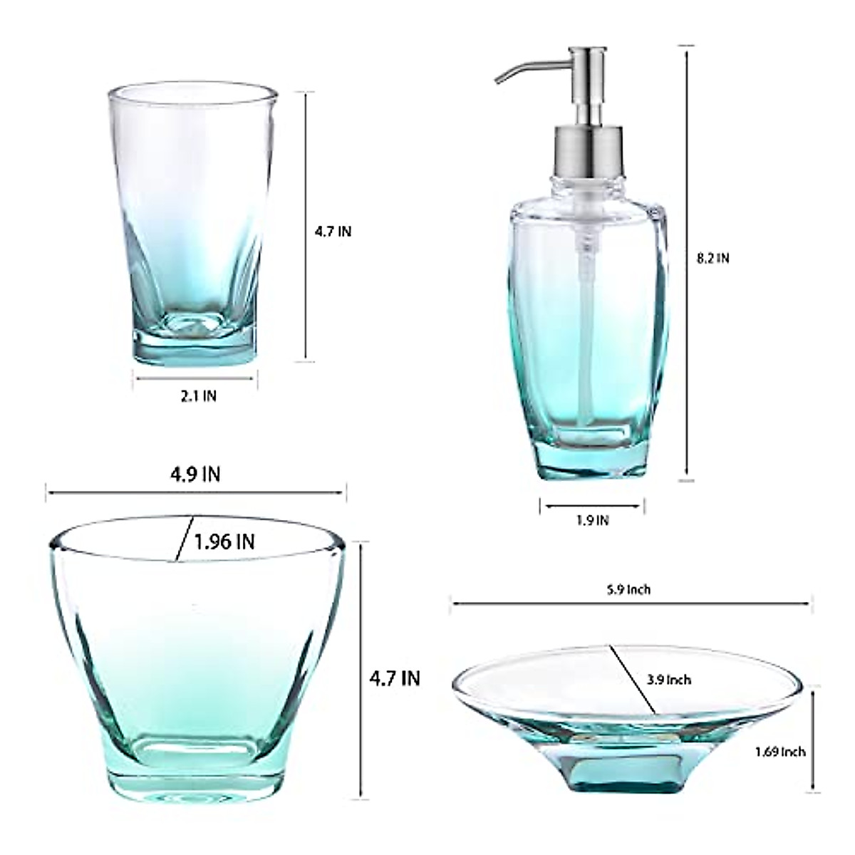 Rzoeox Bathroom Accessory Set, Lead-Free Glass 5-Piece Bath Ensemble Gift Includes Soap Dispenser,Toothbrush Holder, Tumbler, Soap Dish for Home, Office, Superior Hotel, Gradient Lake Green