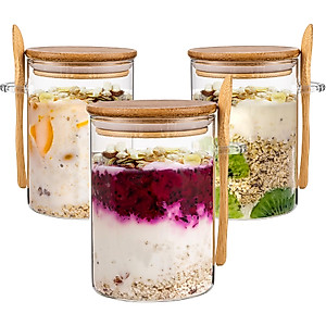 Famyards Glass Jars with Bamboo Airtight Lid and Spoon, Overnight Oats Containers with Lids, Decorative and Durable 17 Oz Kitchen Glass Canisters for Coffee Beans, Matcha, Flour, Sugar, Nuts, 3 Pcs