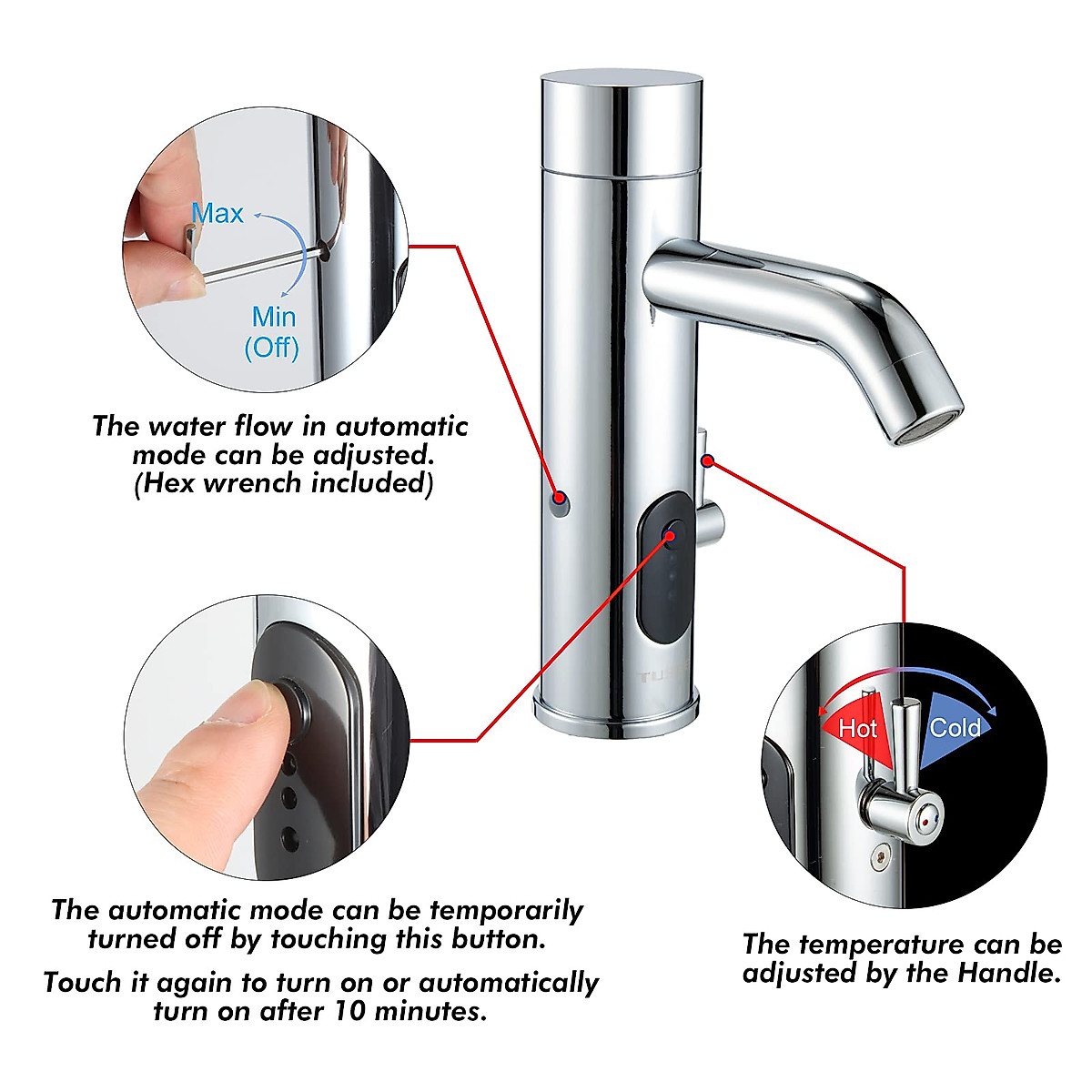 TUSEE Manual and Automatic Faucet, Touchless Bathroom Faucet with One Temperature Control Rod, Chrome, TS-5303C