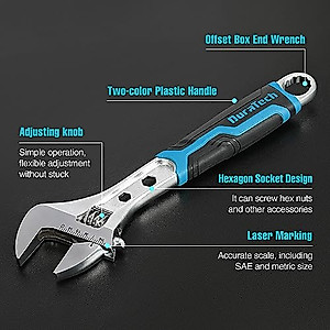 DURATECH 4-Piece Adjustable Wrench Set, 6-inch, 8-inch, 10-inch, 12-inch, 3-in-1 Spanner with Box End/Hex Function, CR-V Steel, Chrome-plated, Bi-material soft Grip, with Rolling Bag