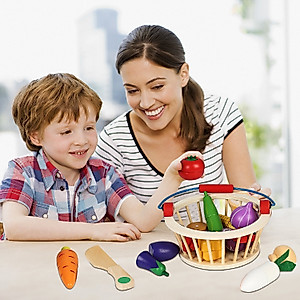 Victostar Magnetic Wooden Cutting Fruits Vegetables Food Play Toy Set with Basket for Kids