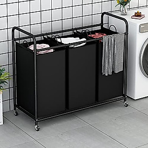 LINZINAR 3-Bag Laundry Sorter Laundry Hamper Cart with Heavy Duty Rolling Lockable Wheels and Removable Bags (Black)