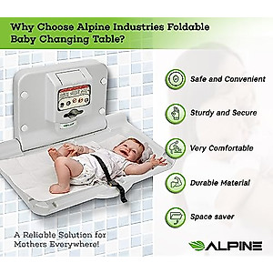 Alpine Wall Mounted Baby Changing Station - Horizontal Baby Changing Table Foldable Diaper Tables with Safety Strap for Commercial Bathroom, ADA Compliant (Hardware Included) White Gray