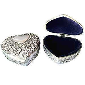 TANG SONG 2 Packs Small Metal Heart Shape Jewelry Box Classic Vintage Antique Ring Box Trinket Storage Organizer Chest (Silver)