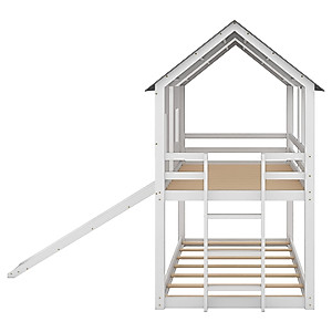 Merax Twin-Over-Twin Wooden House Bunk Bed with Slide, Windows, Ladder and Guardrails, Twin Size White House Bunk Bed