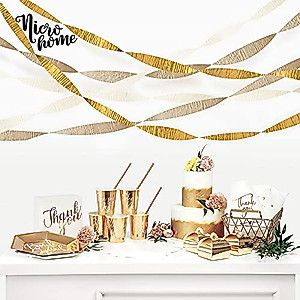 NICROHOME White and Gold Party Decorations, 6 Rolls Ivory White Light Brown Crepe Paper Streamers for New Years Eve Party Supplies 2023, Wedding, Baby Bridal Shower, Birthday, 82Ft Long