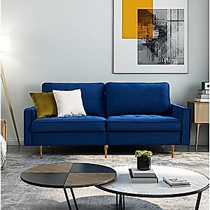 Danxee Velvet Fabric Sofa Couch 71" Wide Mid Century Modern Tufted Fabric Sofa Living Room Sofa 700lb Heavy Duty with 2 Pillows (Blue)