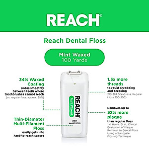 Reach Waxed Dental Floss | Effective Plaque Removal, Extra Wide Cleaning Surface | Shred Resistance & Tension, Slides Smoothly & Easily , PFAS FREE | Mint Flavored, 200 Yards, 1 Pack
