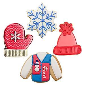 Winter and Christmas Cookie Cutters 4-Pc Set Made in USA by Ann Clark, Snowflake, Sweater, Mitten, Winter Hat
