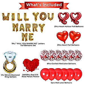 Will You Marry Me Decorations Balloon Gold – Wedding Proposal Decorations Idea – Will You Marry Me Sign Banner – Diamond Ring Engagement Balloon – Rose Petals Heart Shaped Balloons for Valentines
