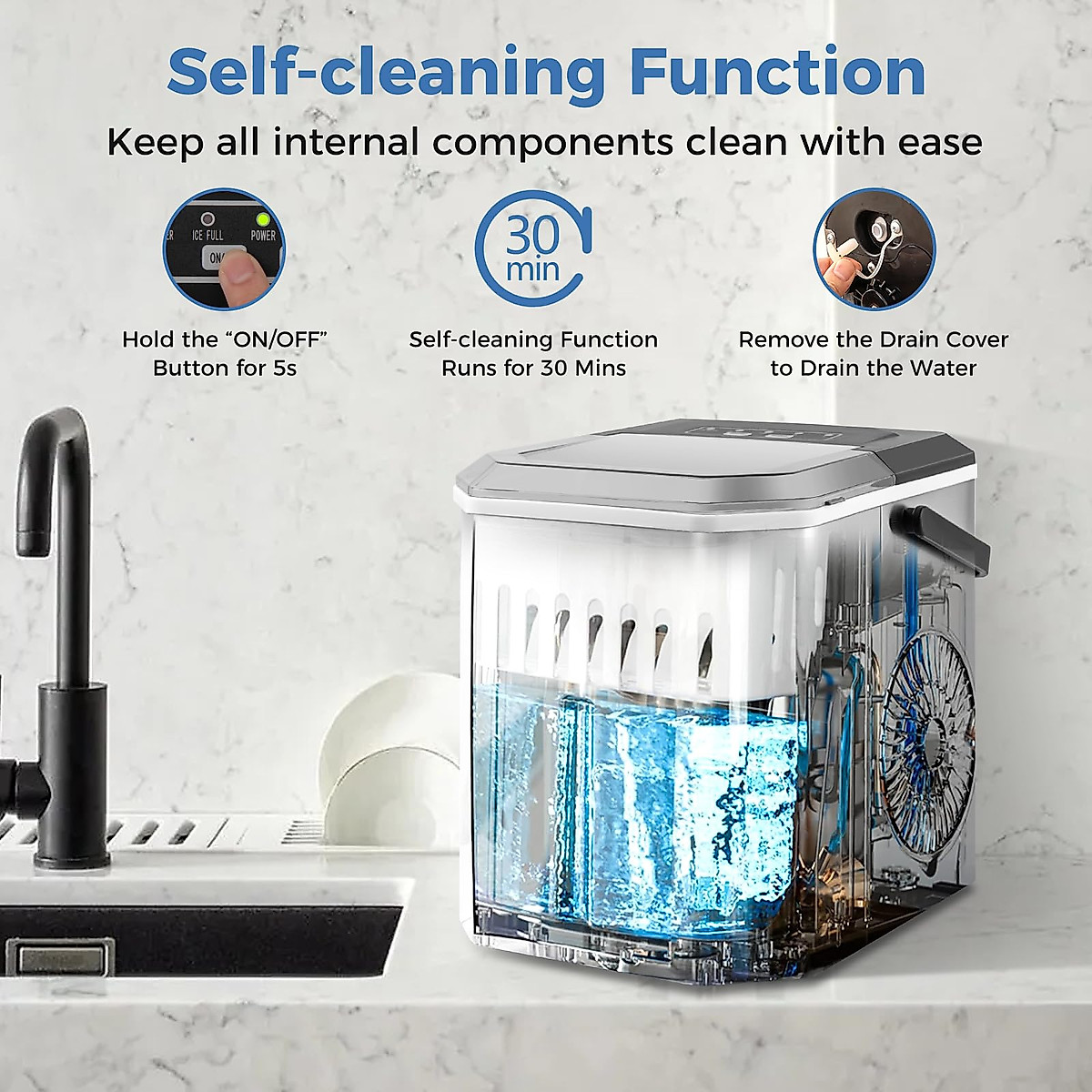COSTWAY Countertop Ice Maker with Self-Cleaning, 9 Ice Cubes Ready in 6-13 Mins, 26.5Lbs/24H, 2 Sizes of Bullet Ice, Portable Ice Machine with Handle, Ice Scoop and Basket for Home Office (Black)