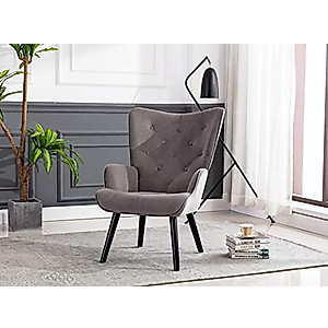 Dolonm Velvet Accent Chair Modern Tufted Button Wingback Vanity Chair with Arms Upholstered Tall Back Desk Chair with Solid Wood Legs for Living Room Bedroom Waiting Room(Silver Grey)