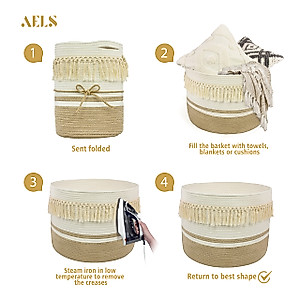 AELS XXXLarge 22"22"x15" Rope Boho Decor Basket Woven Bathroom Basket for Blankets Storage Basket Bathroom with Handle Comforter Cushions Storage Bins Thread Laundry Hamper-Brown and White