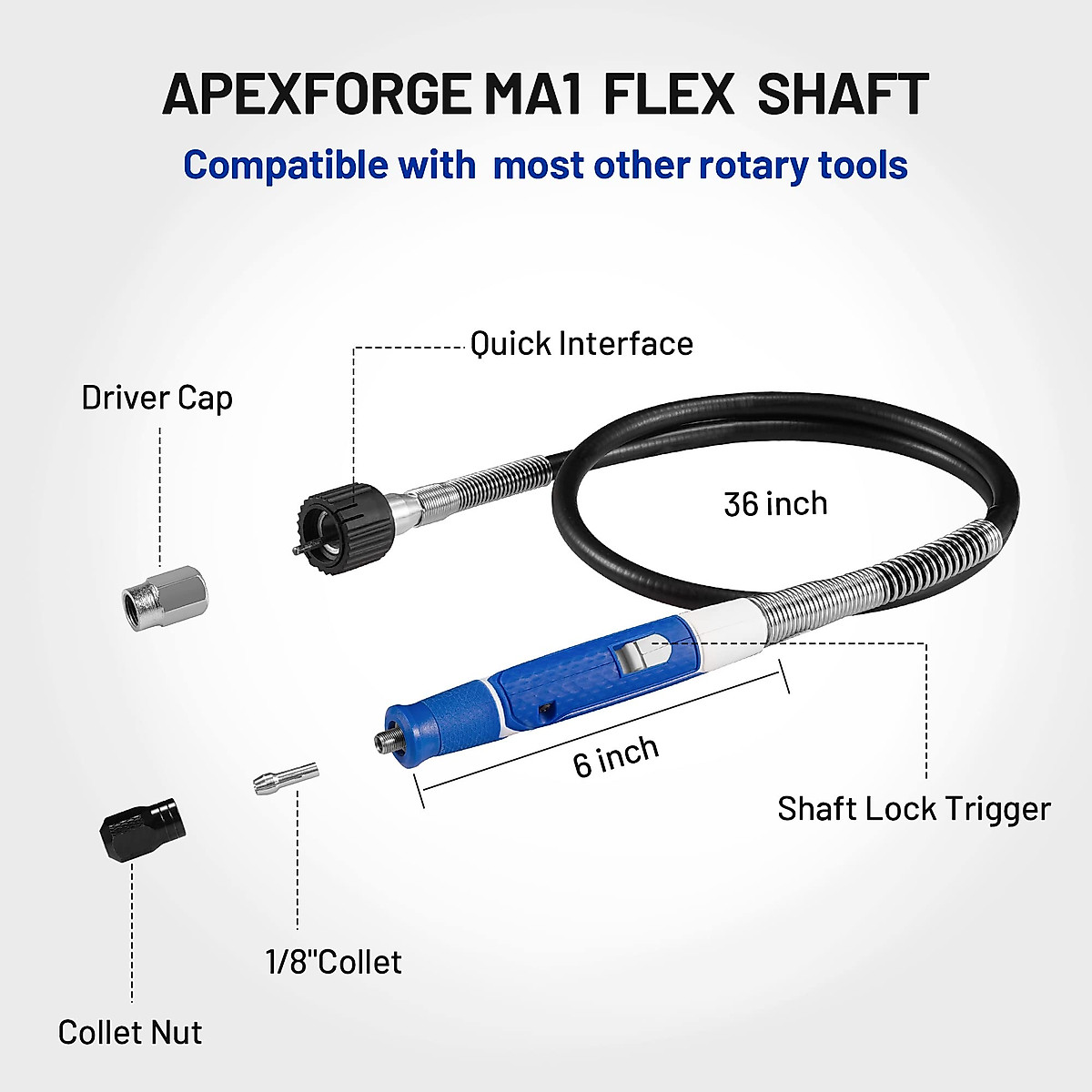 APEXFORGE MA1 Flex Shaft Rotary Tool Attachment, Quick Accessory Change, 1/8 Chucks & 36” Long Cable, Compatible with Most Rotary Tools, Ideal for Engraving, Carving, Polishing, Cleaning, Drilling
