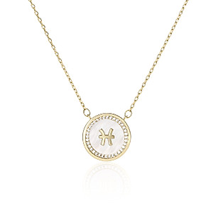 Gold Zodiac Sign Pendant Necklace, 14K Gold Plated Faux Fritillaria Cubic Zirconia 12 Constellation Necklace Jewelry Birthday Gifts for Women, (Pisces Feb 19-Mar 20)