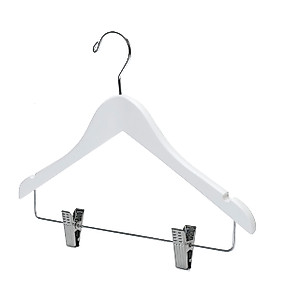 Quality Hangers 20 Pack Kids Skirt Hangers 14 Inches - Junior Preteen Youth Wooden Clothes Hanger with Curved Shoulder Swivel Chrome Hook Adjustable Metallic Clips & Nonslip Notches (White, 20)