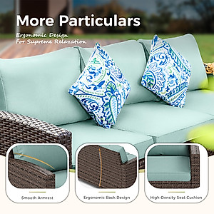 MIXPATIO Patio Couch Wicker 3-Seat Outdoor Brown Rattan Sofa Deep Seating Furniture Blue Cushion