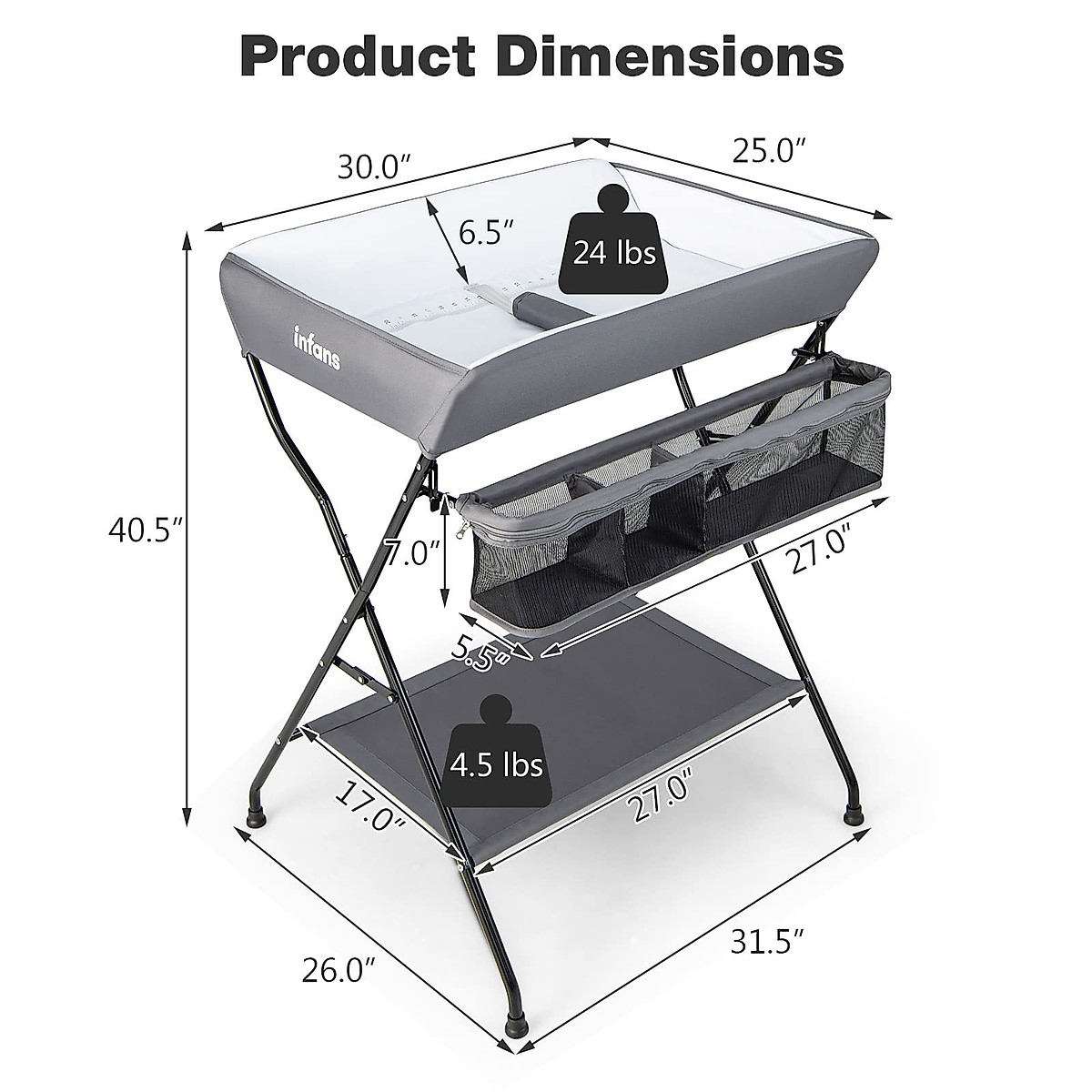 INFANS Baby Changing Table, Folding Diaper Station Portable Nursery Organizer with Safety Belt and Large Storage Racks for Newborn Baby and Infant (Grey)