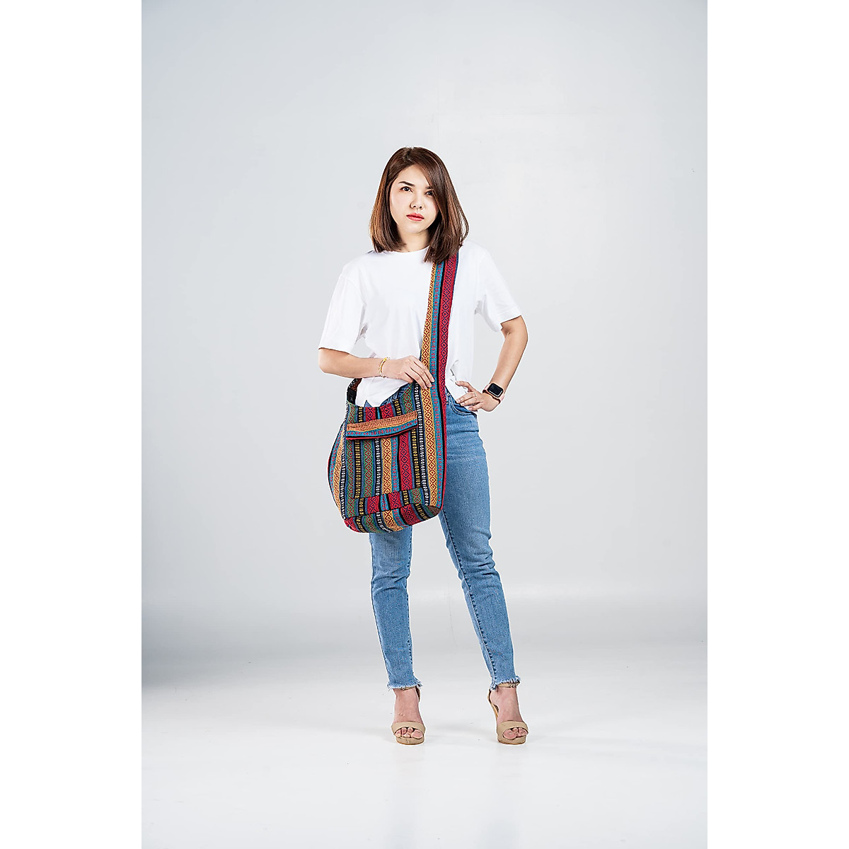 ChuanChom Naka Sling Crossbody Boho Handbag Hand Woven Fabric Crossbody Bags For Women (ฺBlack-White No.2)