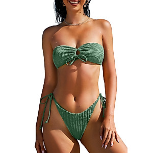 ZAFUL O Ring Bandeau Bikini Sets for Women Sexy Strapless Swimsuits 2 Piece High Cut Bathing Suit Side Tie Light Green M