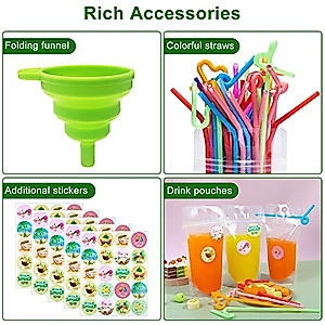 100 Pcs Drink Pouches for Adults Stand-Up Juice Pouches, Hand-Held Reclosable Drink Bags Plastic Zipper Juice Bags with Straws Silicone Funnel(Come with 100 Pcs Round Stickers)