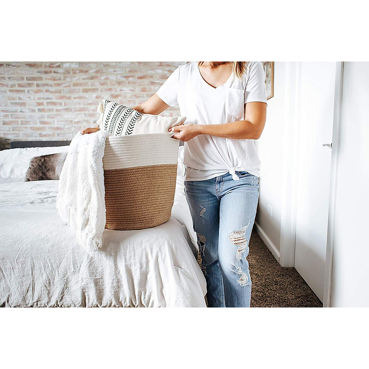 Little Hippo 2pc Large Cotton Rope Basket, White (16"x15") 100% Natural Cotton! Laundry Basket, Woven Storage Basket, Blanket Basket Living Room, Toy Storage Basket, Pillow Basket, Round Basket