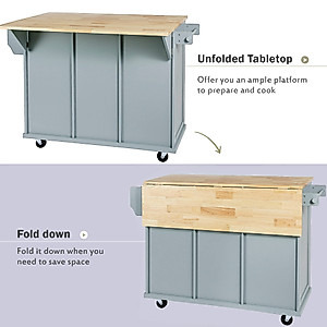 MACHOME 53.10" Kitchen Cart on 5 Wheels with Storage Cabinet, Mobile Kitchen Island with Rubberwood Drop-Leaf Countertop, Cabinet Door Internal Storage Racks with 3 Drawers for Dinning Room,Grey Blue