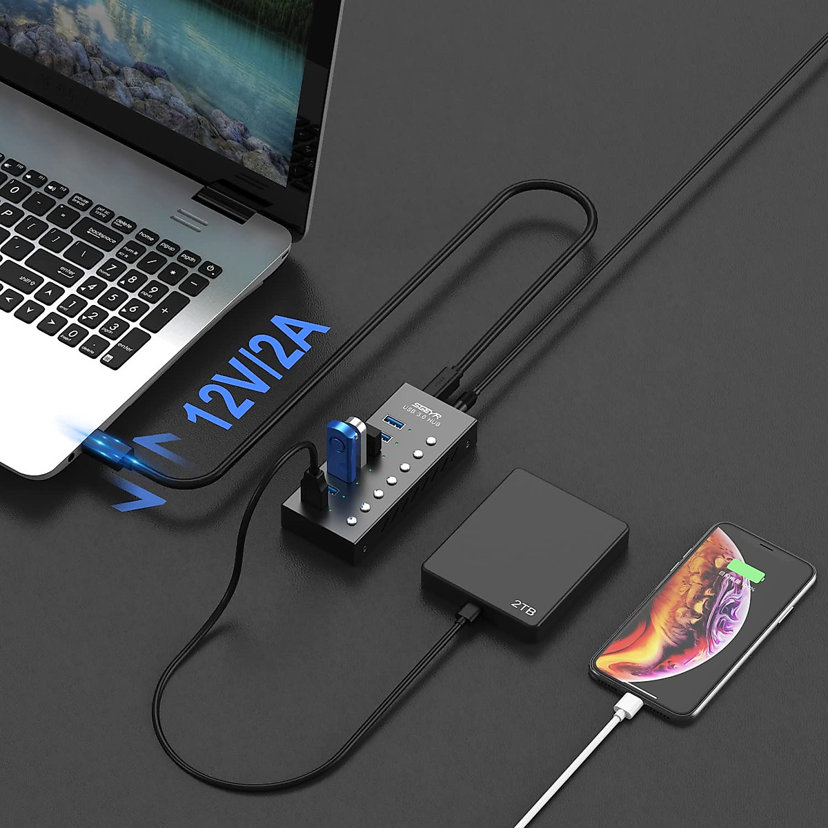 SGEYR Powered USB Hub, Aluminum USB 3.0 Data Hub Splitter 7 Ports with USB Charging Ports and Individual On/Off Switches with 12/2A(24W) Power Adapter for Laptop,HD Webcam,Printer (Light Black)