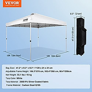 VEVOR Pop Up Canopy Tent, 10 x 10 ft, 250 D PU Silver Coated Tarp, with Portable Roller Bag and 4 Sandbags, Waterproof and Sun Shelter Gazebo for Outdoor Party, Camping, Commercial Events, White