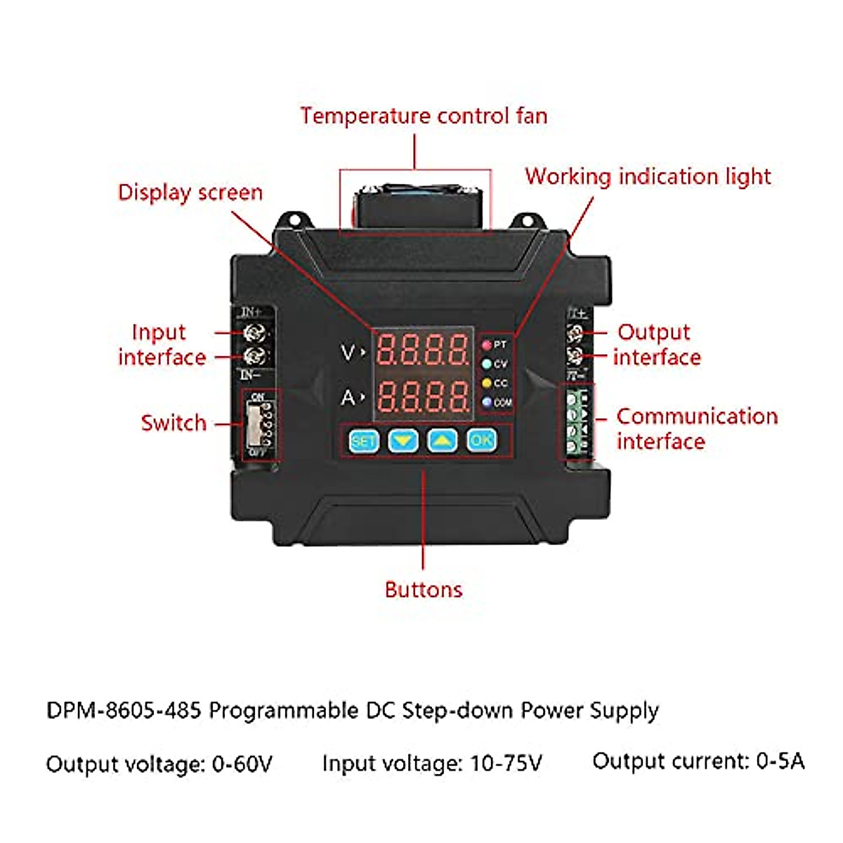 Respicefinem Programmable Digital DC Step Down Power Supply 60V 5A 485 Communication LCD Display Temperature Control Fan for Modbus RTU High Precision Efficiency