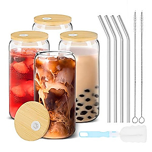 Verdenu 4 Pcs Glass Cups Set, 16oz Drinking Glasses with Lids and Glass Straws, Can shaped Iced Coffee Cup, Clear Beer Can Glass, Cute Tumbler Cup, Ideal for Gift, Homemade DIY Drink