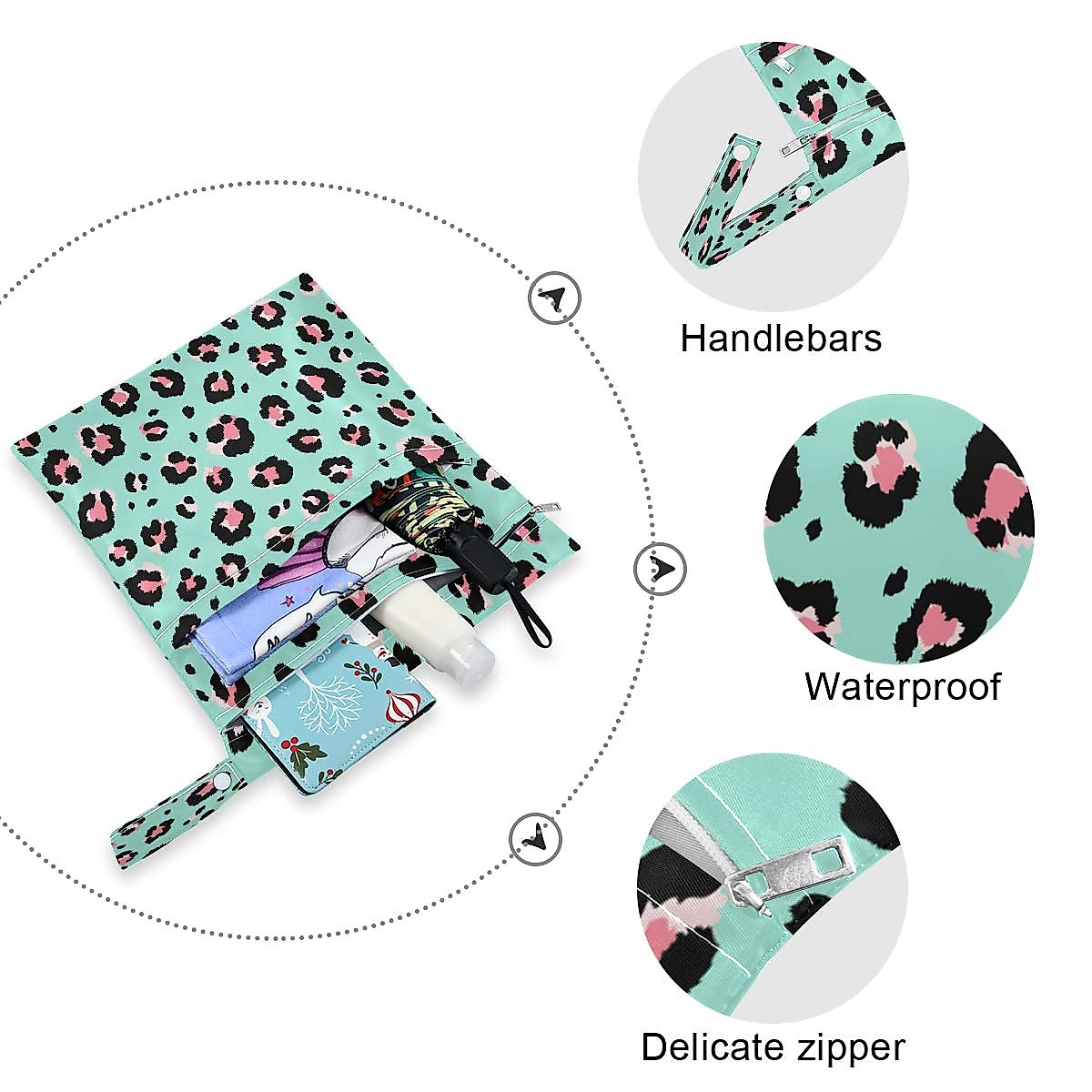 Waterproof Wet Dry Bag 2 Pack Animal Leopard Print Cloth Diaper Bag Organizer Pouch Set with Zipper Pocket Washable Wet Bag for Travel Hiking Swimsuit