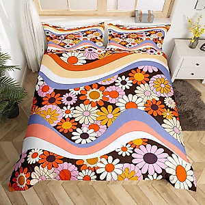 Erosebridal Boho Floral Comforter Cover for Girls, Vintage Groovy Flowers Duvet Cover King Size, 70S 80S Retro Flower Bedding Set Psychedelic 90S Floral Quilt Cover Groovy Flower Bedroom Decor