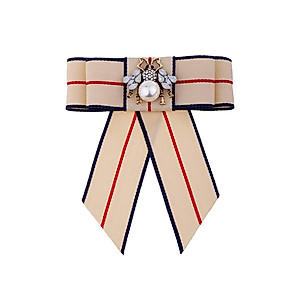 Vpang Crystal Bee Bow Brooch Pre-Tied Neck Tie Brooch Pin Striped Bow Tie for Women Wedding Party Bow Tie (Beige)