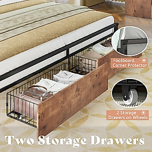 amerlife LED Bed Frame with Drawers, Queen Platform Bed Frame with 2-Tier Storage & Leather Upholstered & Charging Station Headboard, No Box Spring Needed, Easy Assembly, Noise Free, Rustic Brown