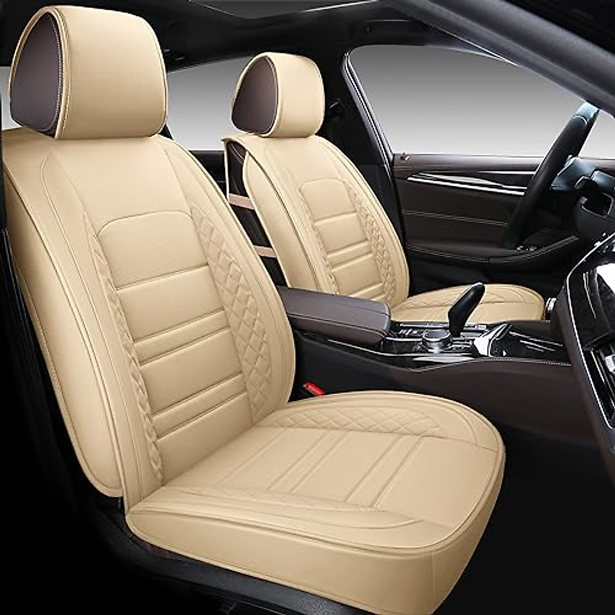 SPEED TREND Car Seat Covers – Premium PU Leather for Ultimate Comfort & Protection, Easy Installation and Universal Fit for Most Cars SUVs Trucks (ST-001 Full Set, TAN)