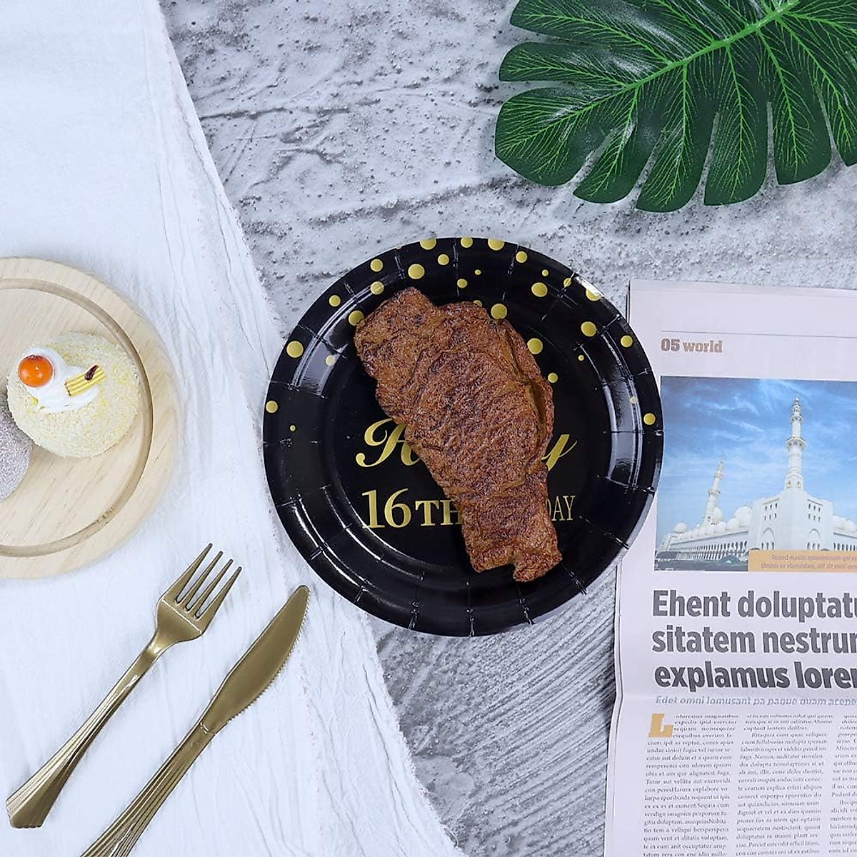 Pandecor Black and Gold Happy FING Birthday party supplies,50PCS Disposable Paper Plates 7 Inch Cake Plates for Adult Funny Birthday Party