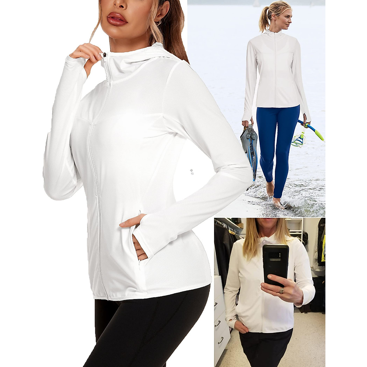 COOrun Women's UPF 50+ Sun Protection Hoodie Jacket Lightweight Full Zip Running Jacket Athletic Jacket with Thumb Holes White XL