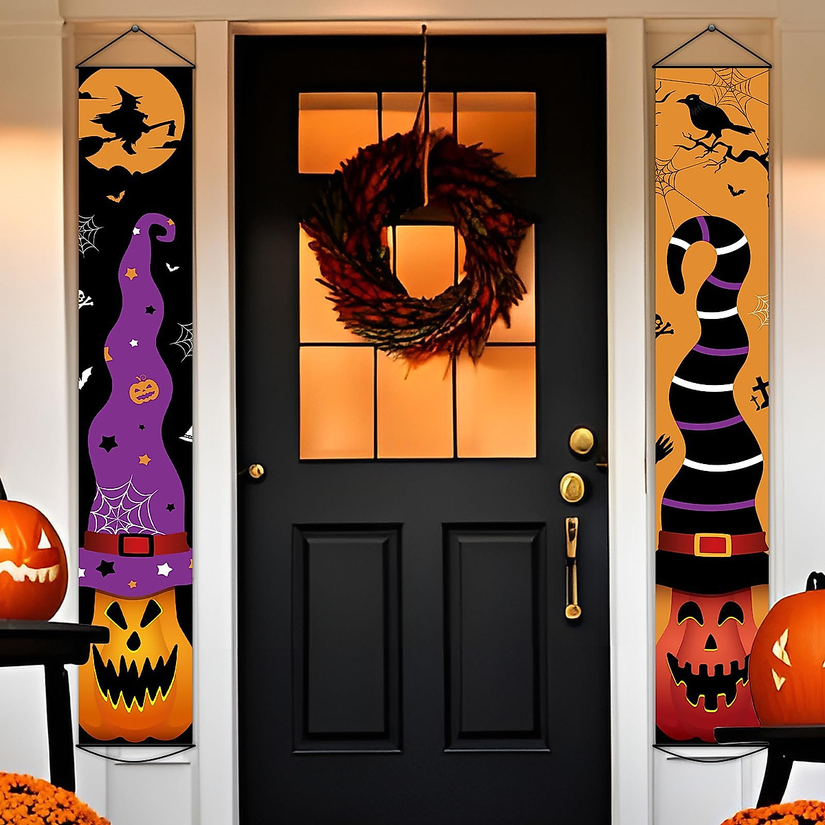 Halloween Pumpkin Porch Door Banners Decorations Pumpkin with Witch Hats Hanging Signs for Happy Halloween Outdoor Indoor Porch Decor for Front Door Outside Yard Welcome Home Wall Party Supplies