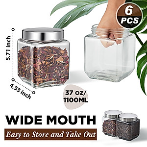 Roshtia 6 Pcs Square Glass Jars Food Storage Containers Glass Jars with Silver Metal Lids Square Glass Storage Containers with Lids Glass Canisters Airtight for Coffee Spices Food Kitchen (37 Oz)