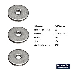 Fastener Pro 1/4 x 1-1/4-Inch Hex Head Lag Screw Kit, 18-8 (304) Stainless Steel, 10-Pack (10 Lag Screws + 10 Flat Washers)