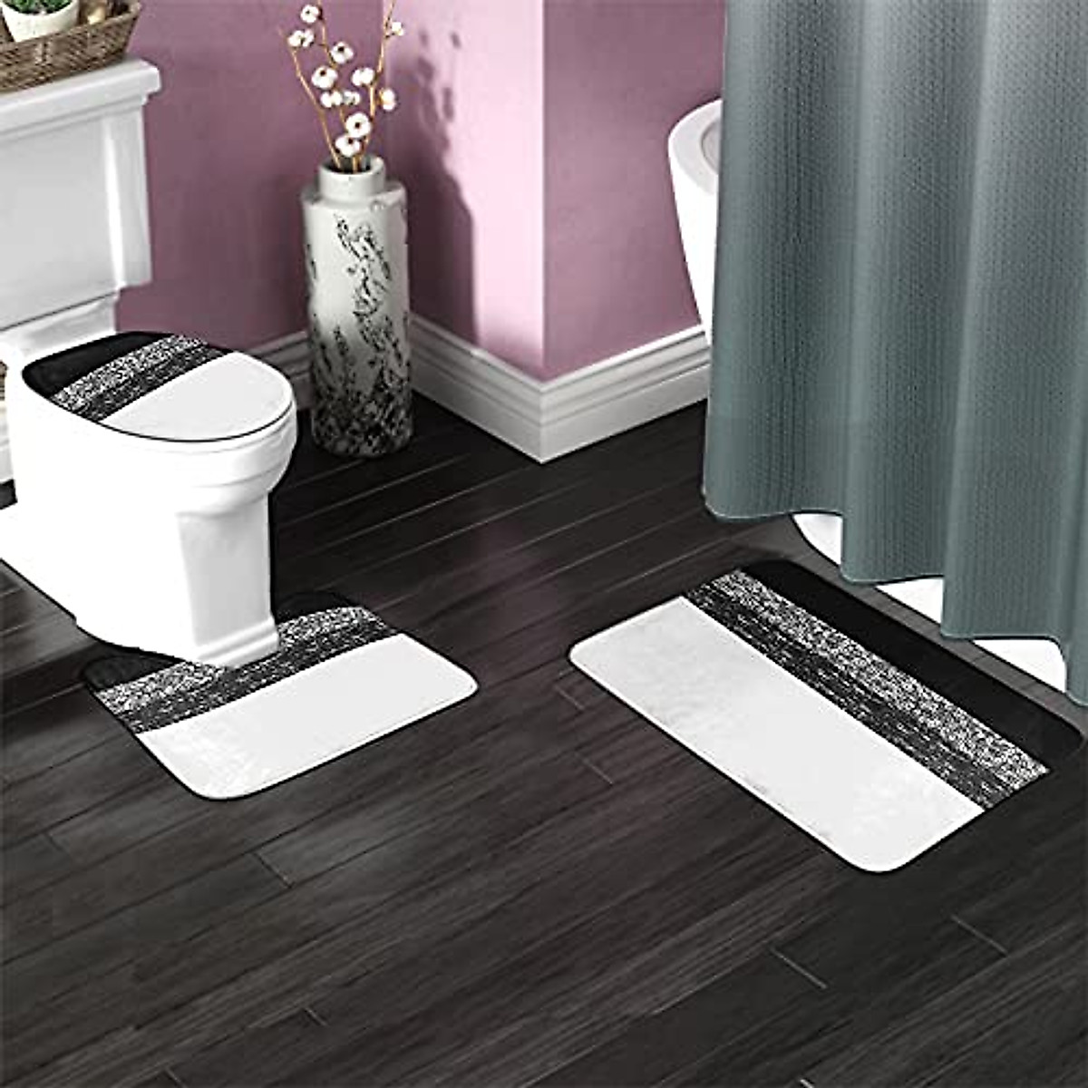 WONDERTIFY Silver Black Sequins Bathroom Antiskid Pad Shiny Pailette 3 Pieces Bathroom Rugs Set, Bath Mat+Contour+Toilet Lid Cover Grey Spangles