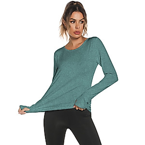 Back Long Sleeve Workout Tops for Women with Thumb Hole Backless Crewneck Gym Yoga Shirts Green