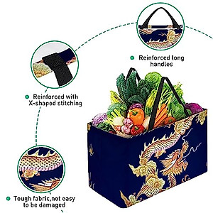KQNZT Reusable Grocery Bags, Large Foldable Reusable Shopping Tote Bags Bulk for Groceries, Waterproof Kitchen Cloth Produce Bags with Long Handles, Traditional Art Dragon