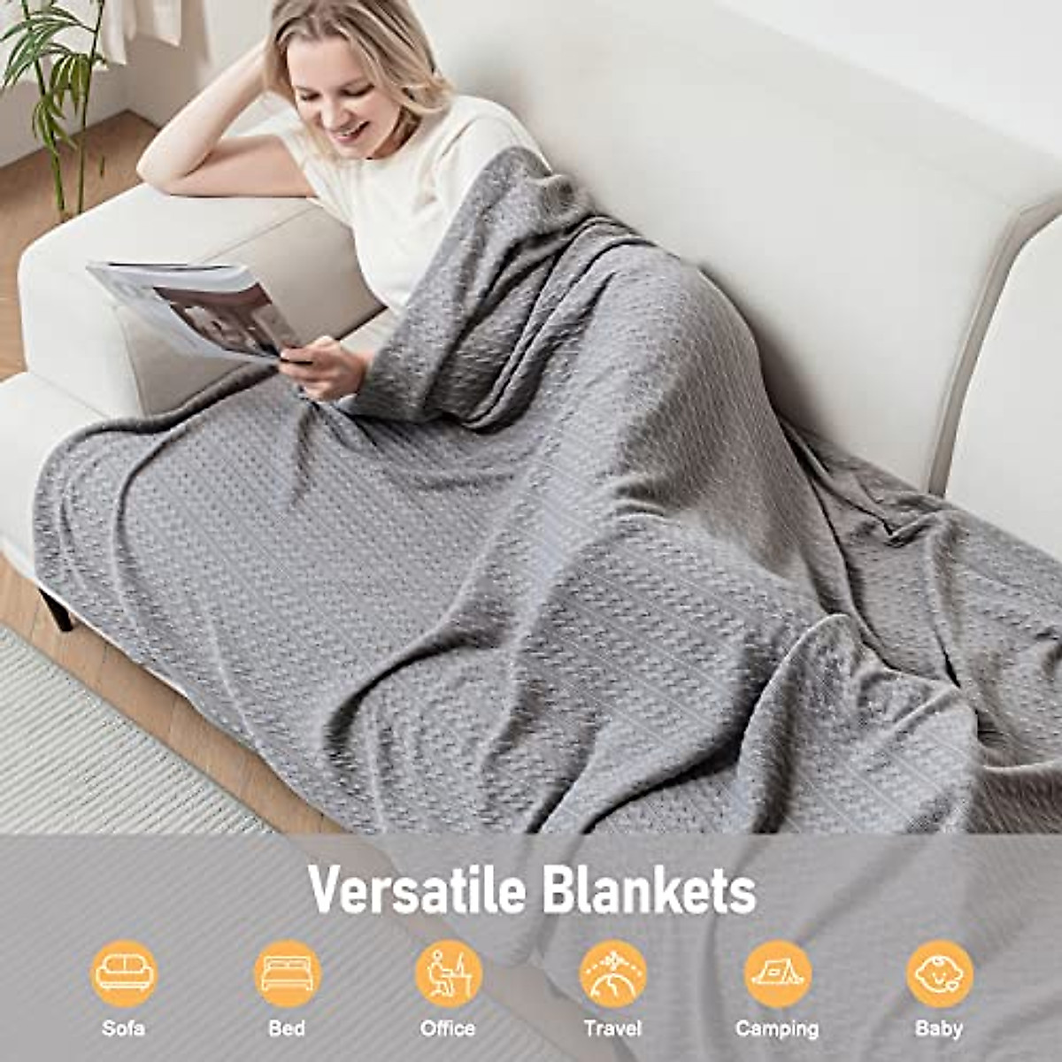 Wemore Cooling Blanket for Hot Sleepers, Summer Cool Blankets That Absorb Body Heat to Keep Cool on Hot Night, Ultra-Cool Lightweight Jacquard Blanket for Bed Sofa, Grey, Twin Size 60 X 80 Inches