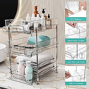 Fulpower 3 Tier Bathroom Organizers with Dividers, Clear Medicine Cabinet Organizer Pull-Out Under Sink Organizers, Multi-Purpose Storage Organizers for Skincare Cosmetic Pantry 2 Pack